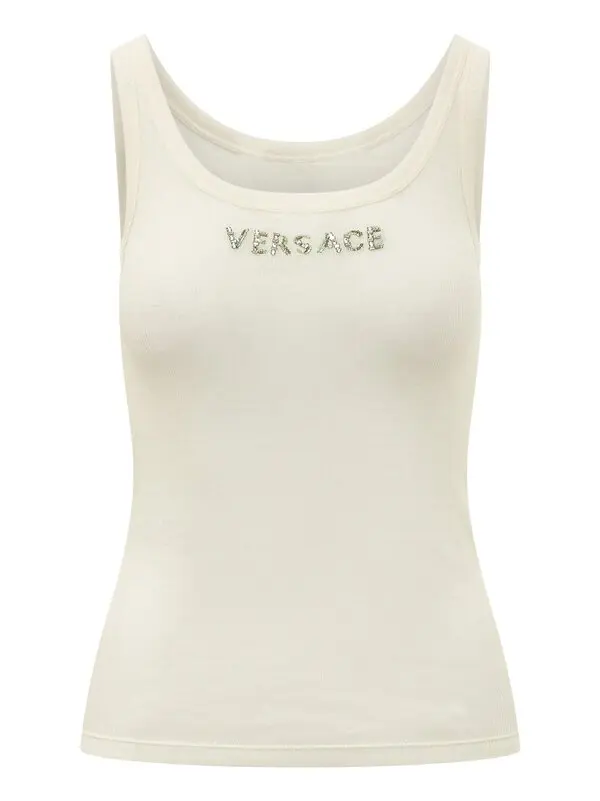 Versace Ribbed Tank Top With Logo Detail - Cream