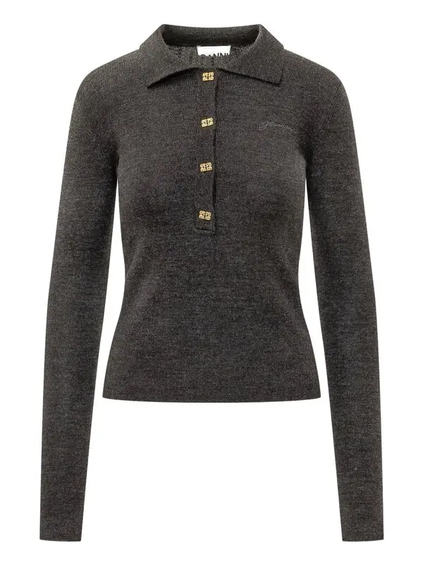 GANNI Classic Ribbed Wool Polo - Phantom