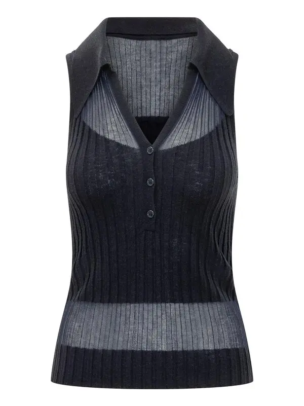 Pinko Ribbed Mini Tank Top With Wavy Hem - Blu Iride