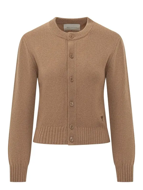 AMI Paris Crewneck Cardigan - Camel