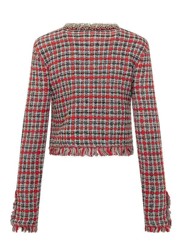 SELF-PORTRAIT Check Frayed Detail Jacket - Red
