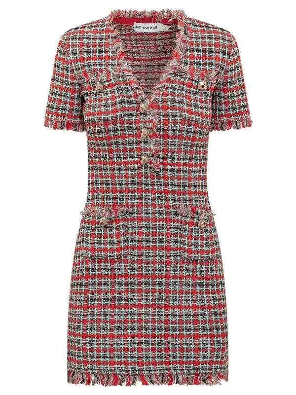 SELF-PORTRAIT Check Frayed Dress - Red
