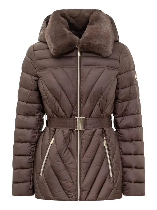 Michael Kors Down Jacket With Belt And Fur Collar - Chocolate