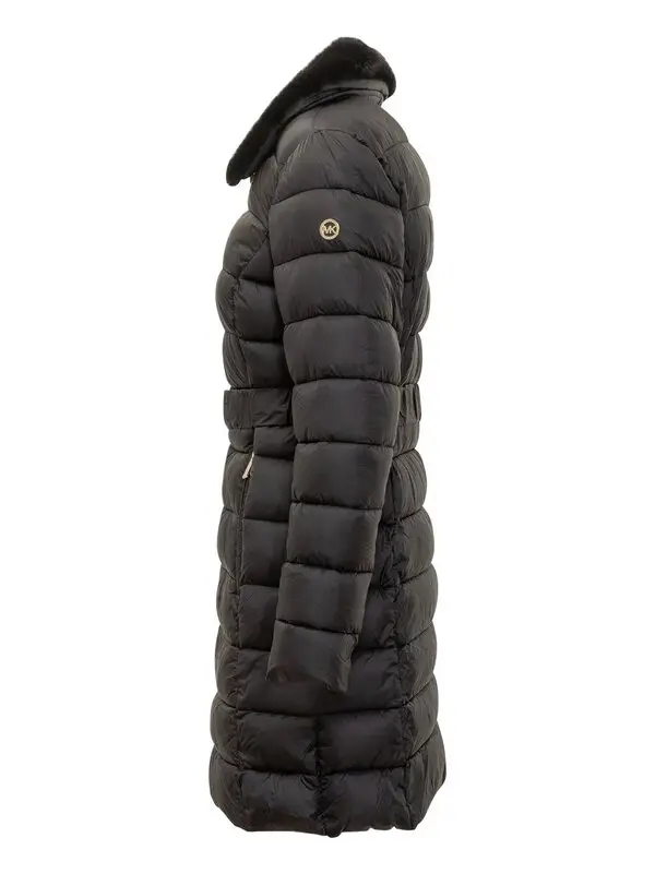 Michael Kors Chic Long Down Jacket With Belt And Fur Collar - Black
