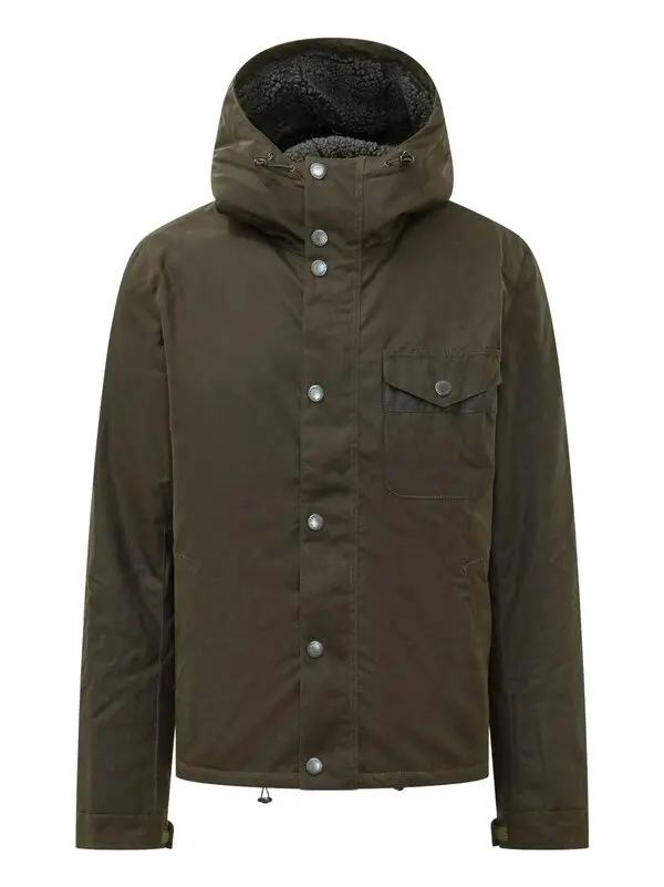 BARBOUR INTERNATIONAL Waxed Cotton Hooded Jacket With Shearling Lining - Olive