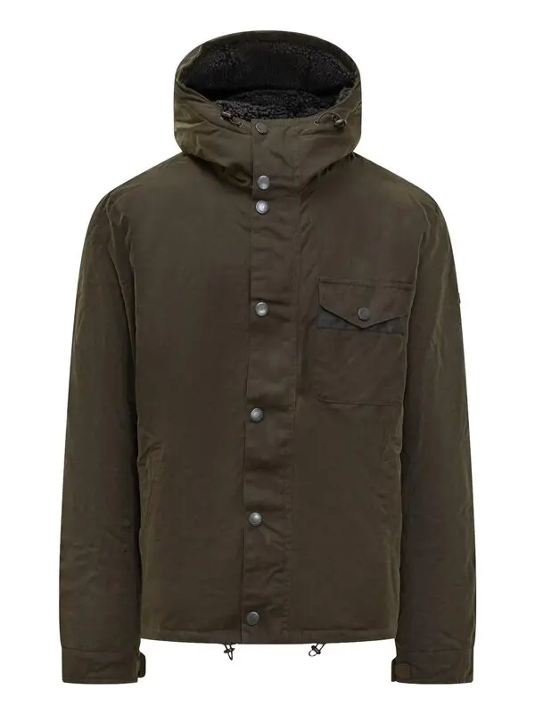 BARBOUR INTERNATIONAL Waxed Cotton Hooded Jacket With Shearling Lining - Olive