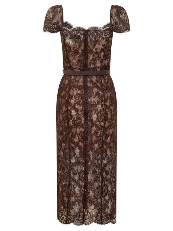SELF-PORTRAIT Floral Lace Midi Dress - Brown