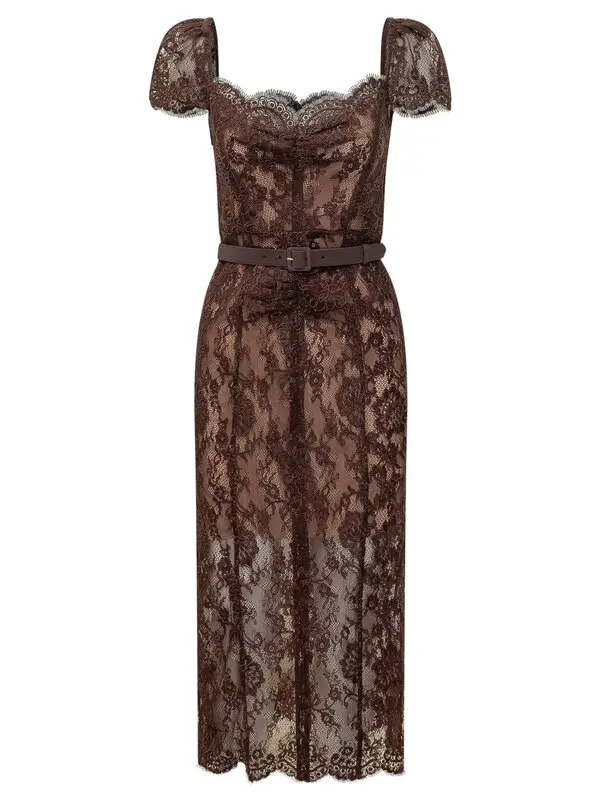 SELF-PORTRAIT Floral Lace Midi Dress - Brown