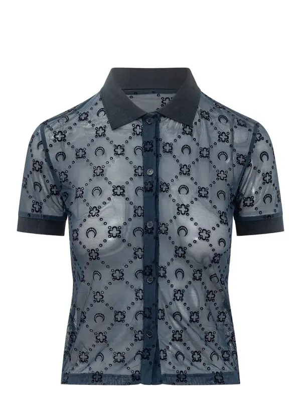 MARINE SERRE Flock Short Sleeve Polo Shirt - Navy