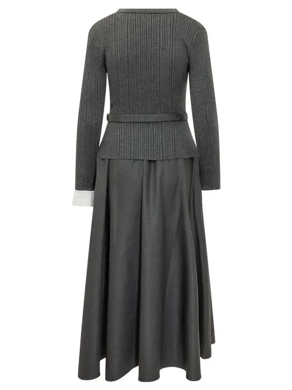 SELF-PORTRAIT Knit Twill Midi Dress - Grey