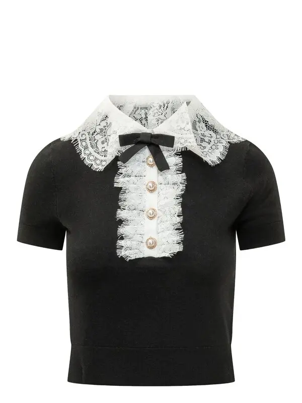 SELF-PORTRAIT Knit Lace Collar Top - Black