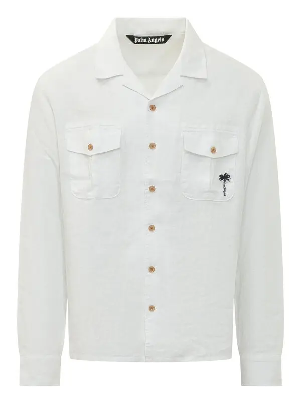 Palm Angels Linen Long Sleeve Shirt - White Black