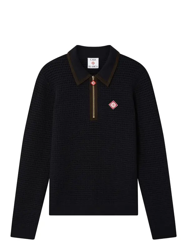 Casablanca Navy Wool Waffle Stitch Long Sleeve Polo Shirt - Brown