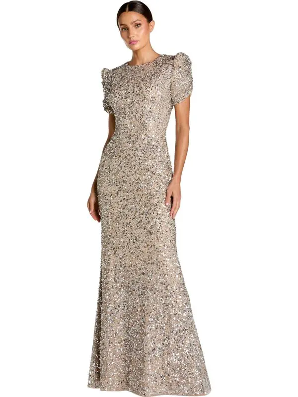 Mac Duggal Sequin Trumpet Gown With Puff Sleeves - Neutral