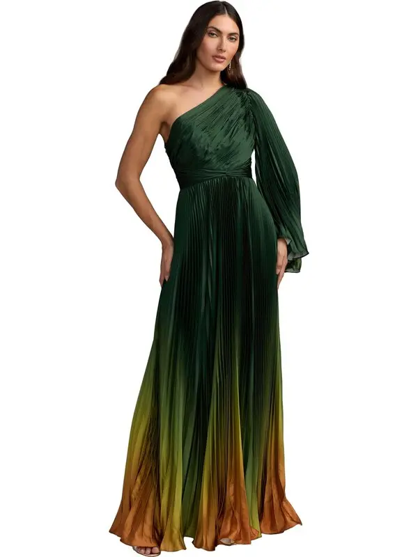 Mac Duggal Petite Pleated Charmeuse One Shoulder Ombre Gown - Green