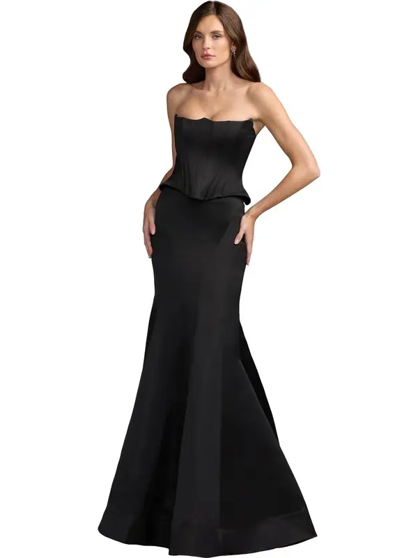 Mac Duggal Strapless Satin Corset Peplum Gown - Black