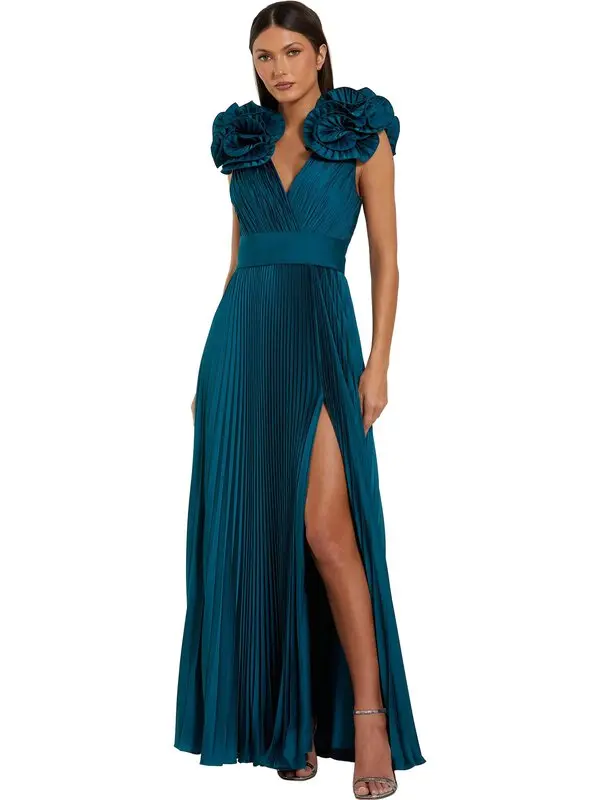 Mac Duggal Pleated Gown With Ruffle Shoulder And Slit - Ocean
