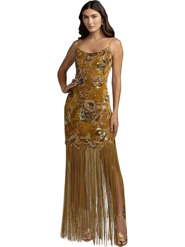 Mac Duggal Embellished Fringe Maxi Dress - Gold