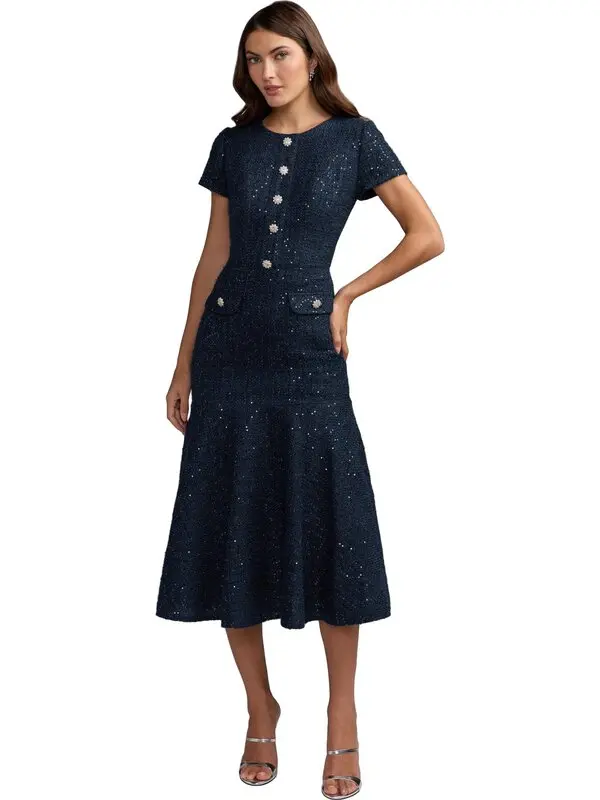 Mac Duggal High Neck Short Sleeve Boucle Midi Dress - Navy