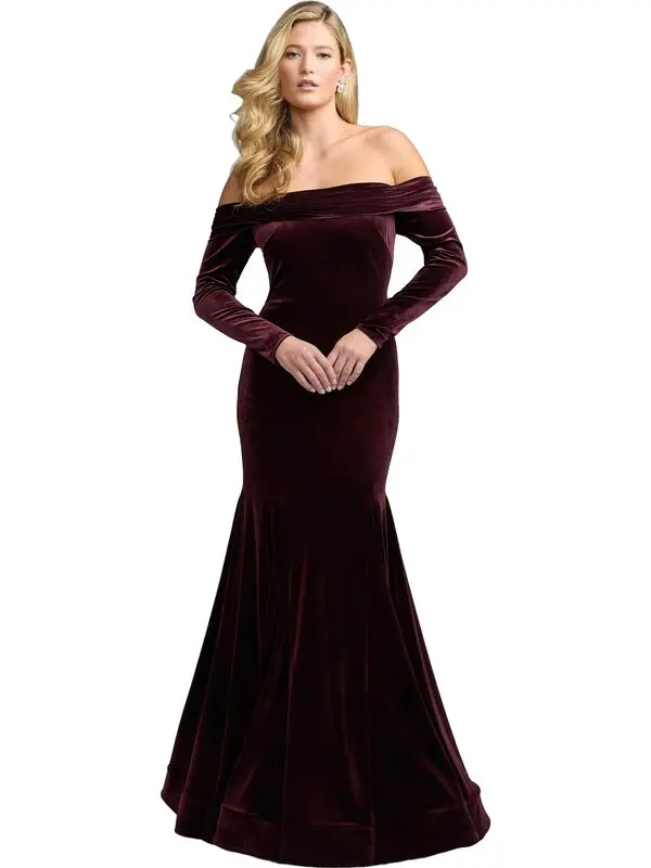 Mac Duggal Burgundy Off The Shoulder Velvet Mermaid Gown - Wine