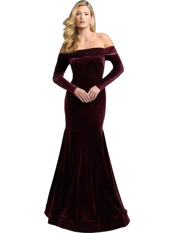 Mac Duggal Off-the-shoulder Velvet Mermaid Gown - Wine