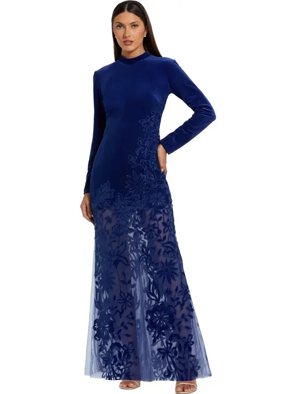 Mac Duggal Long Sleeve Sheer Floral Embroidered Velvet Dress - Blue