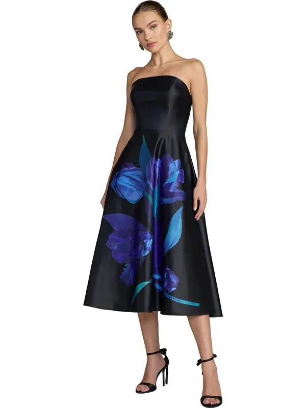 Mac Duggal Strapless Satin Midi Dress With Flower Print - Black