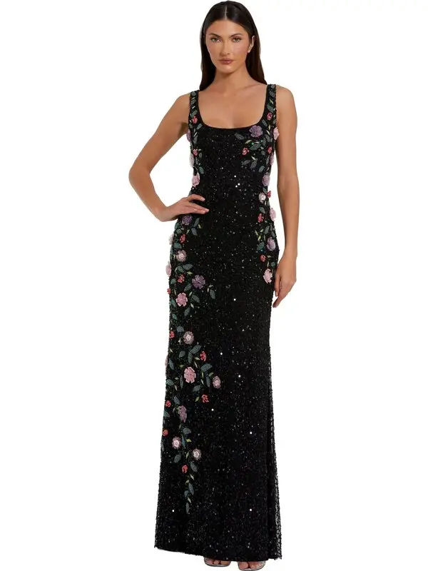Mac Duggal Petite Floral Beaded Scoop Neck Sleeveless Gown - Black