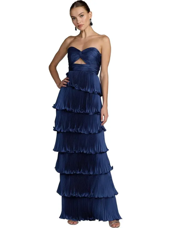 Mac Duggal Pleated Charmeuse Strapless Tiered Ruffle Gown - Navy