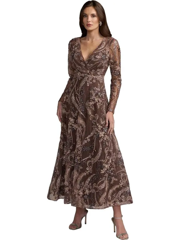 Mac Duggal Embroidered Long Sleeve V-neck Midi Dress - Brown