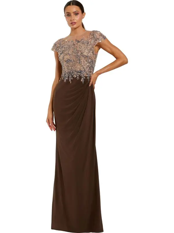 Mac Duggal High Neck Embellished Jersey Column Gown - Chocolate