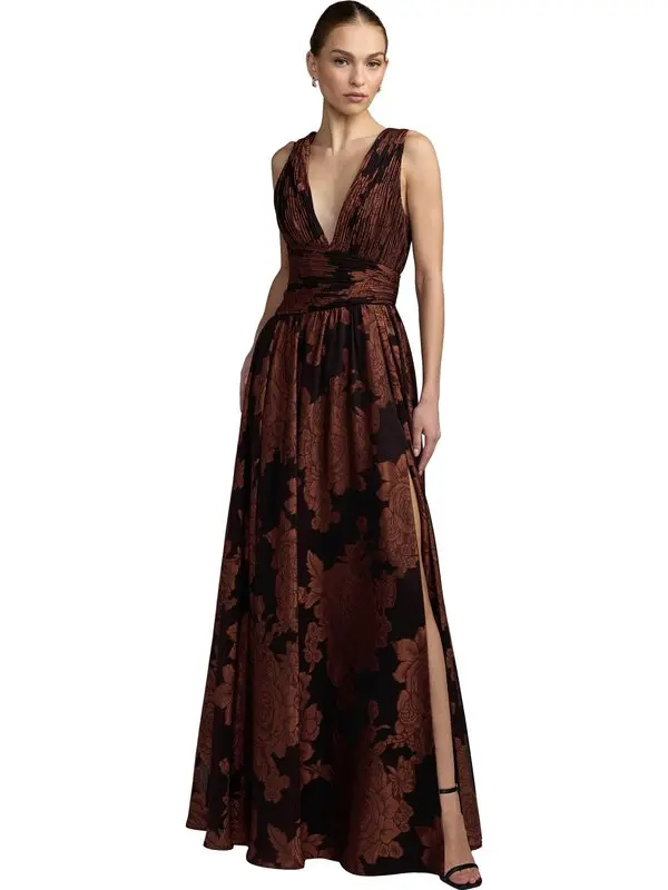 Mac Duggal Floral Sleeveless Plunge Neck Gown - Brown