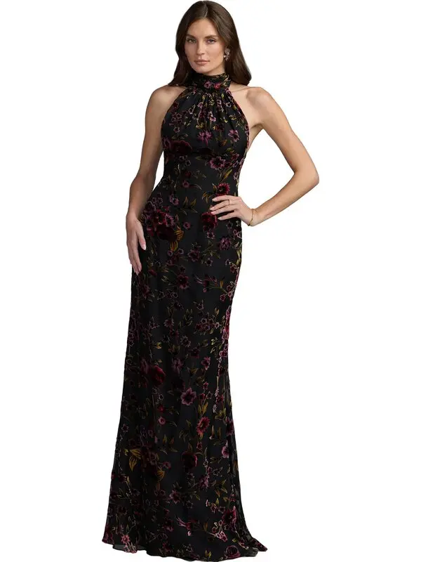 Mac Duggal Black Floral Burnout Velvet Halter Gown - Black Multi