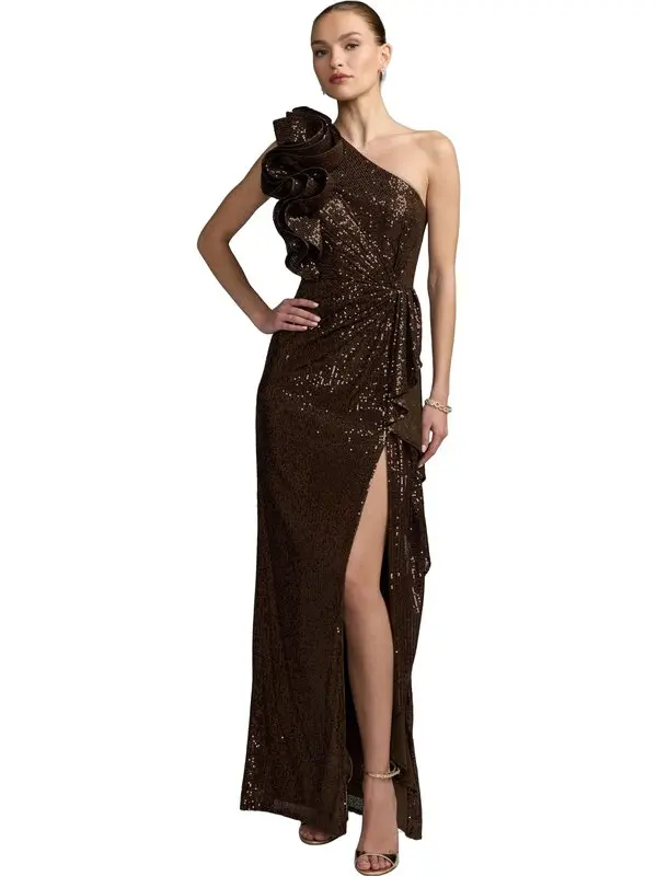 Mac Duggal One Shoulder Sequin Gown With Ruffle Detail - Brown