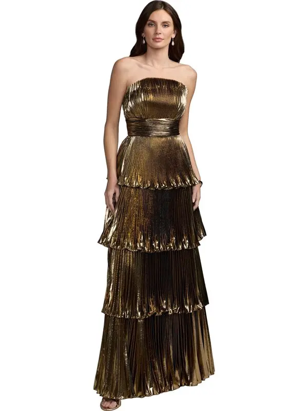 Mac Duggal Strapless Pleated Metallic Layered Ruffle Gown - Gold