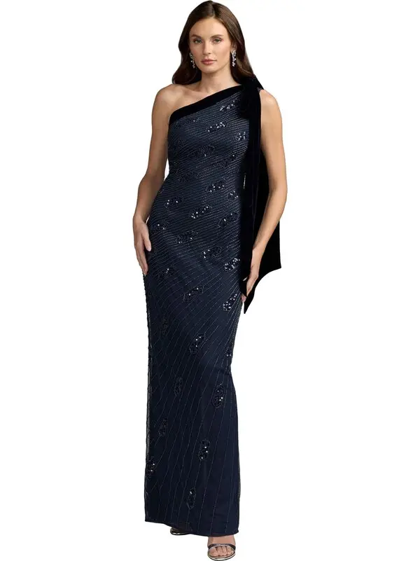 Mac Duggal Beaded One Shoulder Gown With Velvet Bow - Midnight