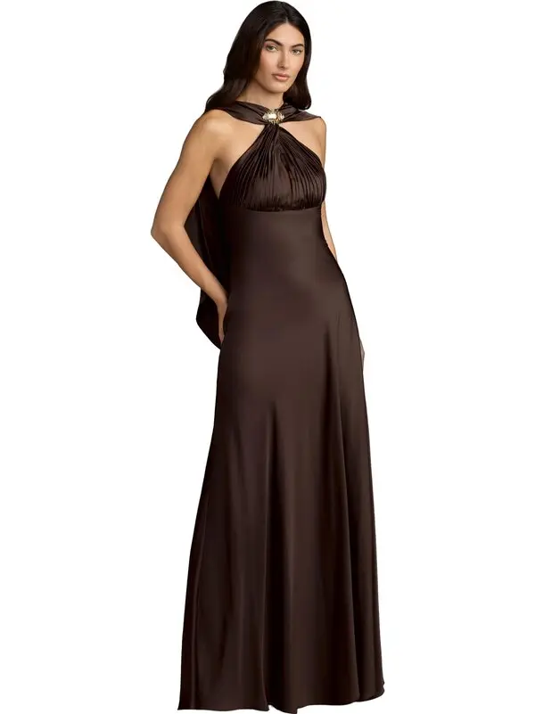 Mac Duggal Charmeuse Cowl Back Halter Gown - Chocolate