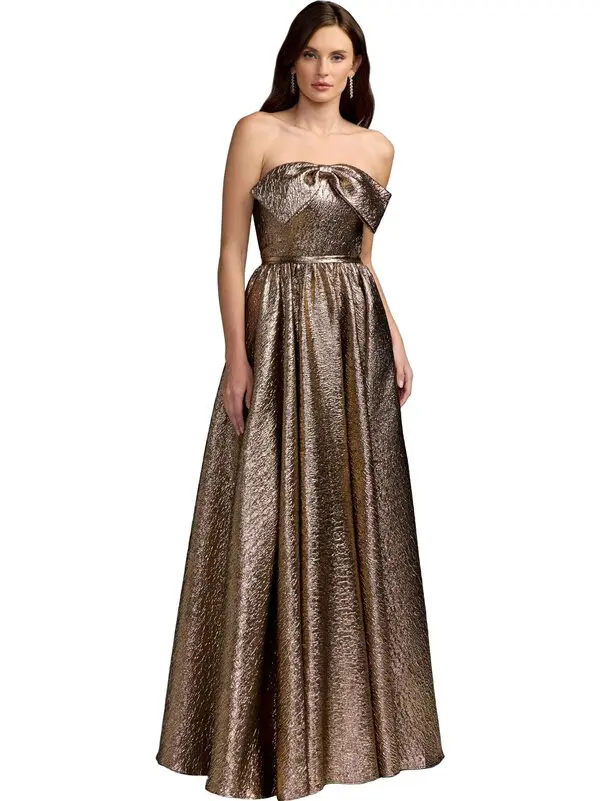 Mac Duggal Strapless Metallic Gown With Oversized Bow Detail - Gold