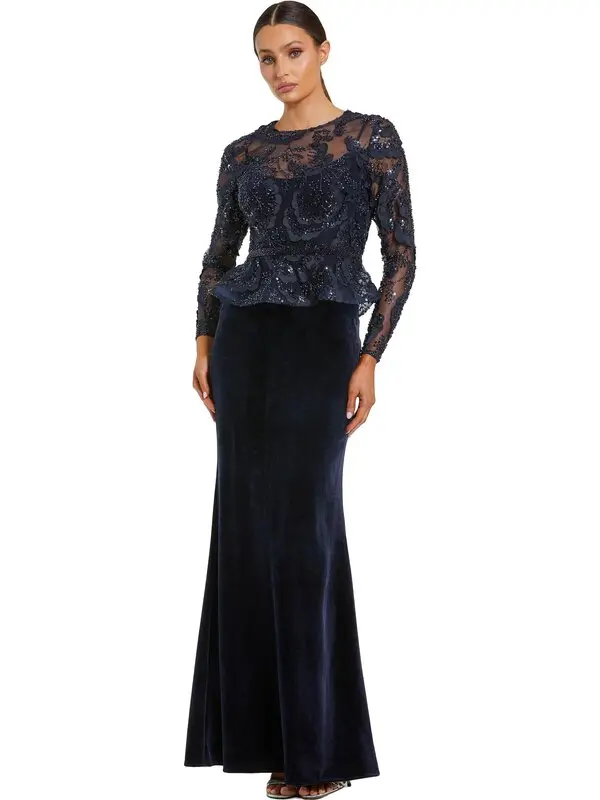 Mac Duggal Navy Embellished Peplum Gown With Velvet Skirt - Midnight