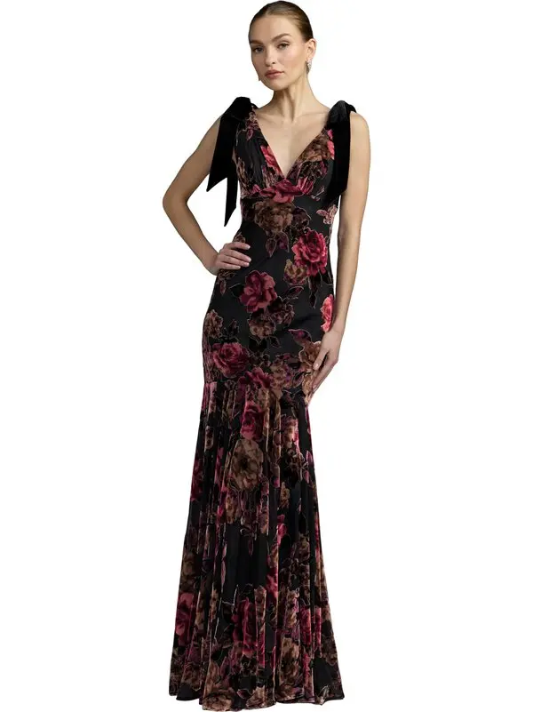 Mac Duggal Black Floral Velvet Mermaid Gown With Bows - Black Multi