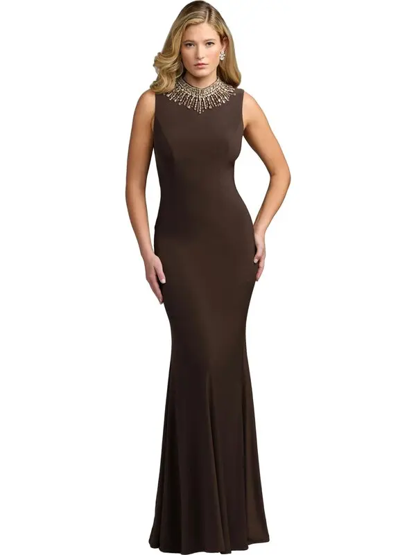 Mac Duggal Brown Sleeveless Rhinestone Embellished High Neck Gown - Chocolate