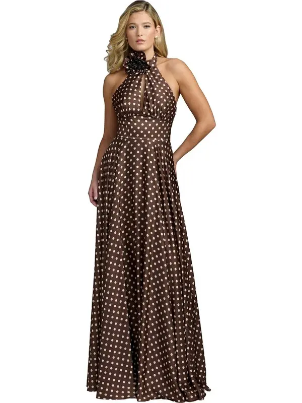 Mac Duggal Brown Polka Dot A-line Halter Gown With Rosette - Chocolate Multi