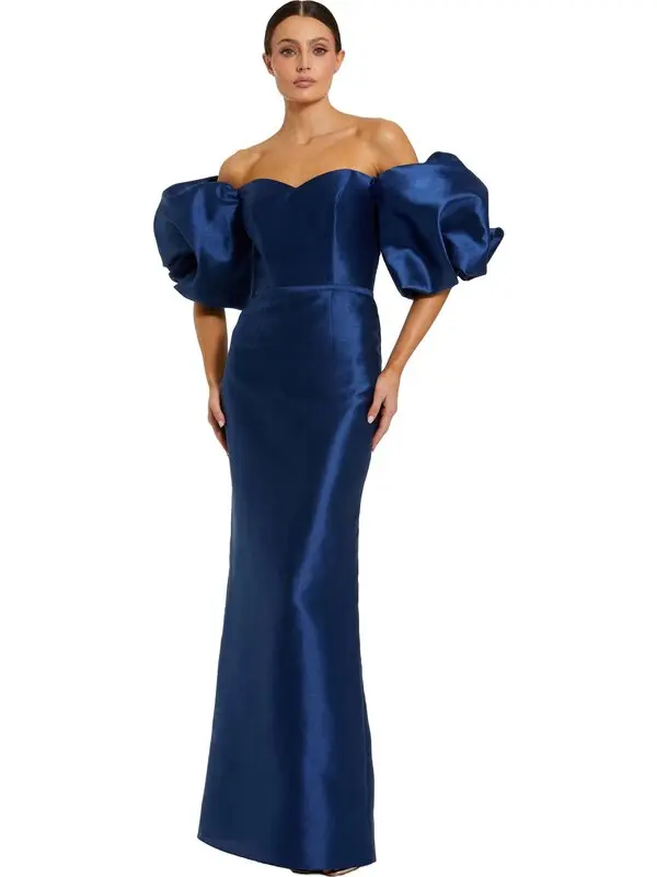 Mac Duggal Off The Shoulder Puff Sleeve Satin Evening Gown - Blue
