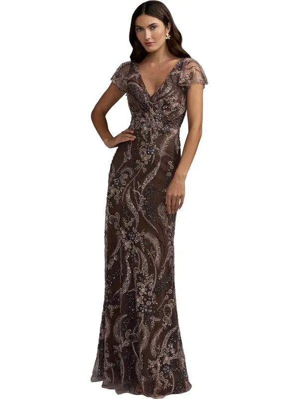 Mac Duggal Brown V Neck Flutter Sleeve Embroidered Lace Gown - Chocolate