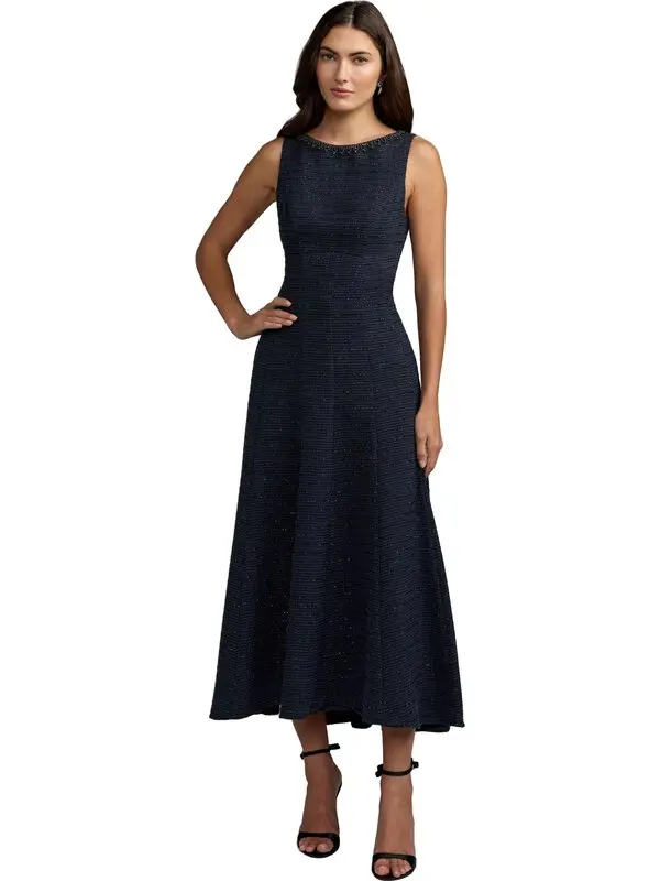 Mac Duggal Navy Sleeveless A-line Boucle Midi Dress - Midnight