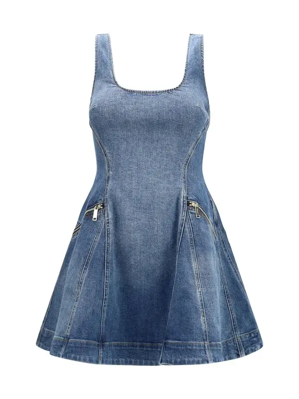 SELF-PORTRAIT Denim Flared Mini Dress - Blue
