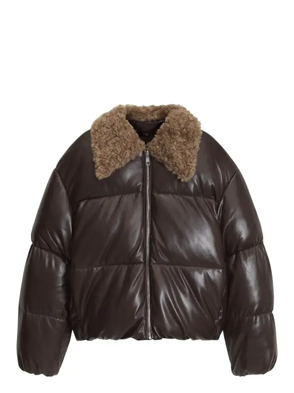 BOSS Faux-leather Bomber Jacket With Teddy Collar - Brown