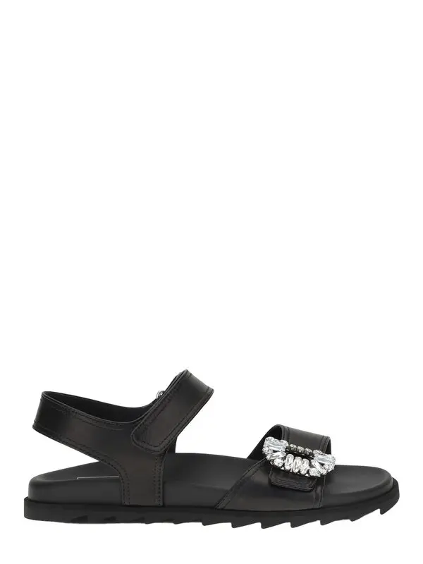 ROGER VIVIER Crystal Buckle Leather Sandals - Black