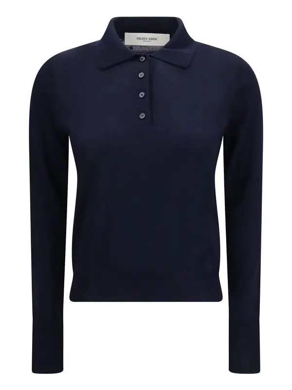 GOLDEN GOOSE Long Sleeve Merino Wool Polo - Blue