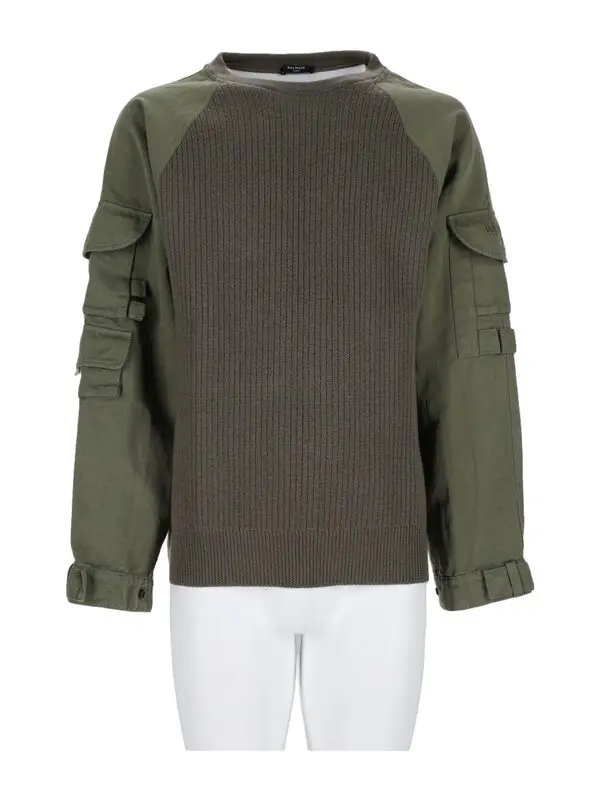 Balmain Ribbed Knit Paneled Cargo Pullover - Brown